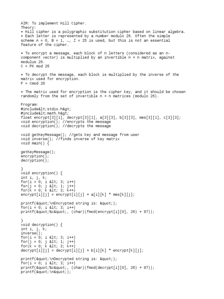 Hill Cipher | PDF | Matrix Theory | Computer Security