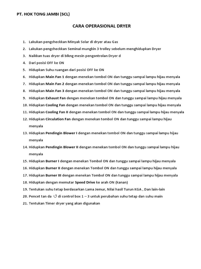Panduan Operasional Dryer PT. HOK TONG | PDF | Teknologi & Rekayasa