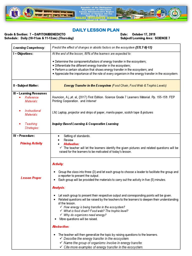 Grade 7 Science Lesson Plan: Energy Transfer | PDF | Lesson Plan | Food Web