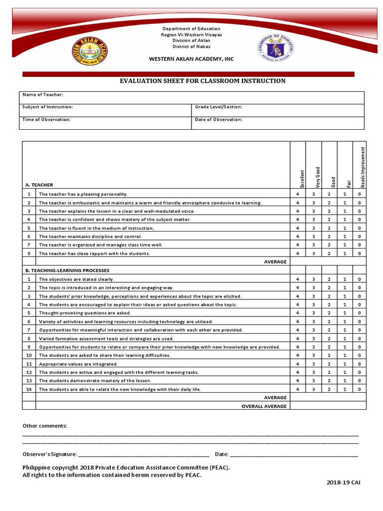 Observation Checklist | PDF | Teachers | Classroom