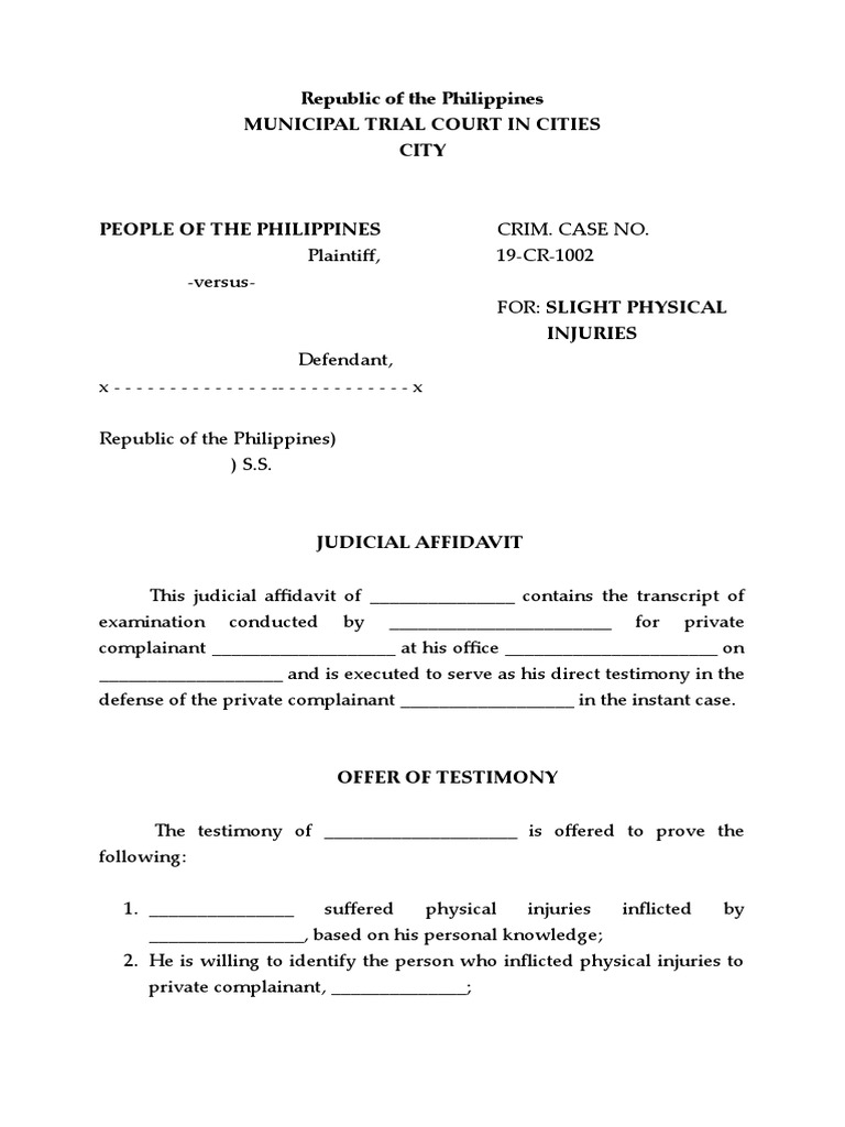 Slight Physical Injuries | PDF | Affidavit | Plaintiff