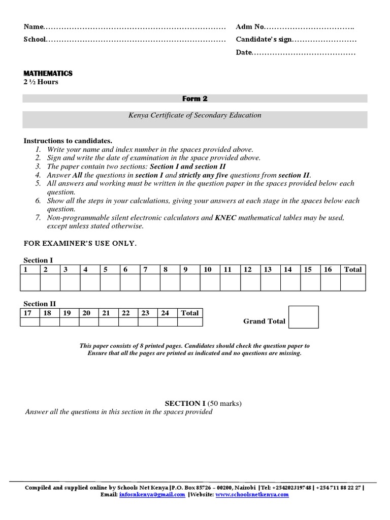 Mathematics Paper Form 2 Term 1 Exam 2018 | PDF | Angle | Area