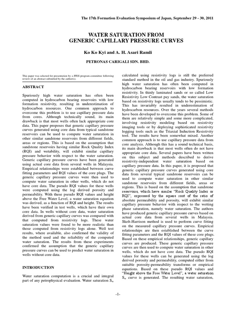 Water Saturation From Generic Capillary Pressure Curves | PDF ...