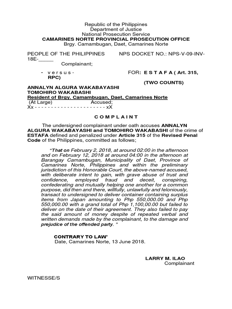 Complaint Estafa (Sample) | PDF | Fraud | Criminal Law