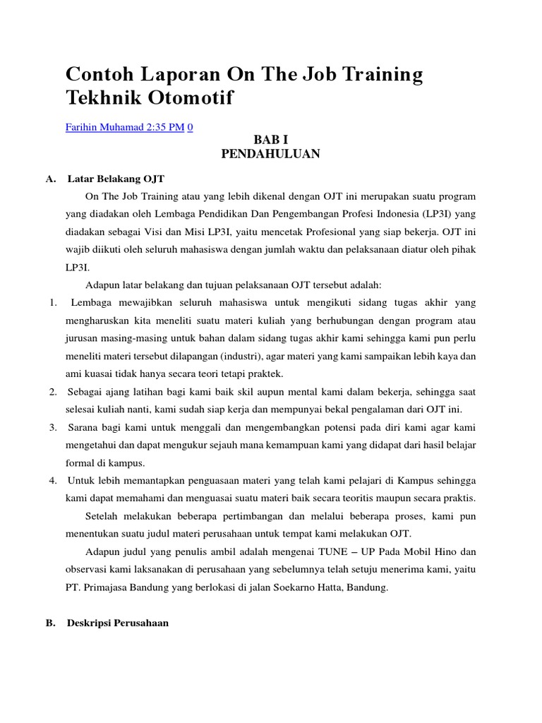 Contoh Laporan On The Job Training Tekhnik Otomotif | PDF