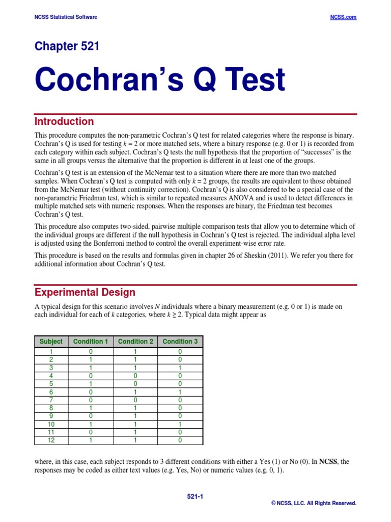 Cochrans Q Test Pdf Statistical Hypothesis Testing Multiple