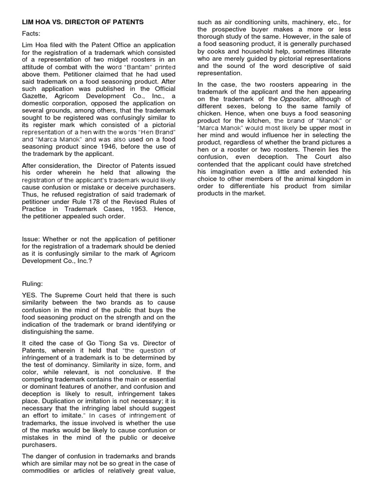 Lim Hoa Vs Director of Patents | PDF | Patent Law | Trademark