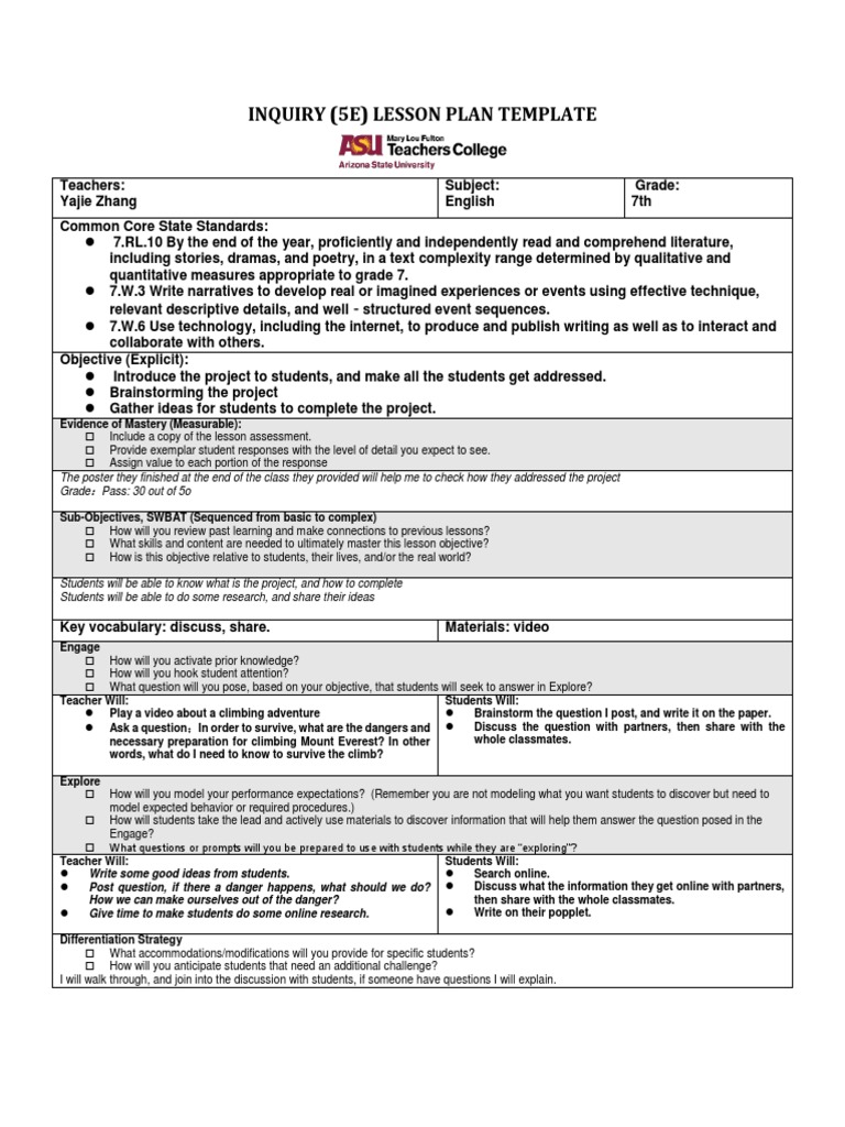 Inquiry 5e Lesson Plan | PDF | Lesson Plan | Question