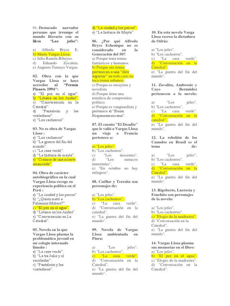 Cuestionario sobre Obras de Vargas Llosa y Bryce Echenique | PDF ...