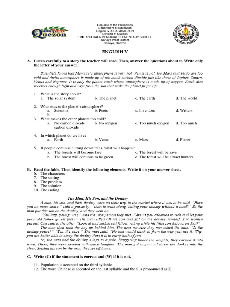 Pre-Test English 5 | PDF | Planets | Atmosphere