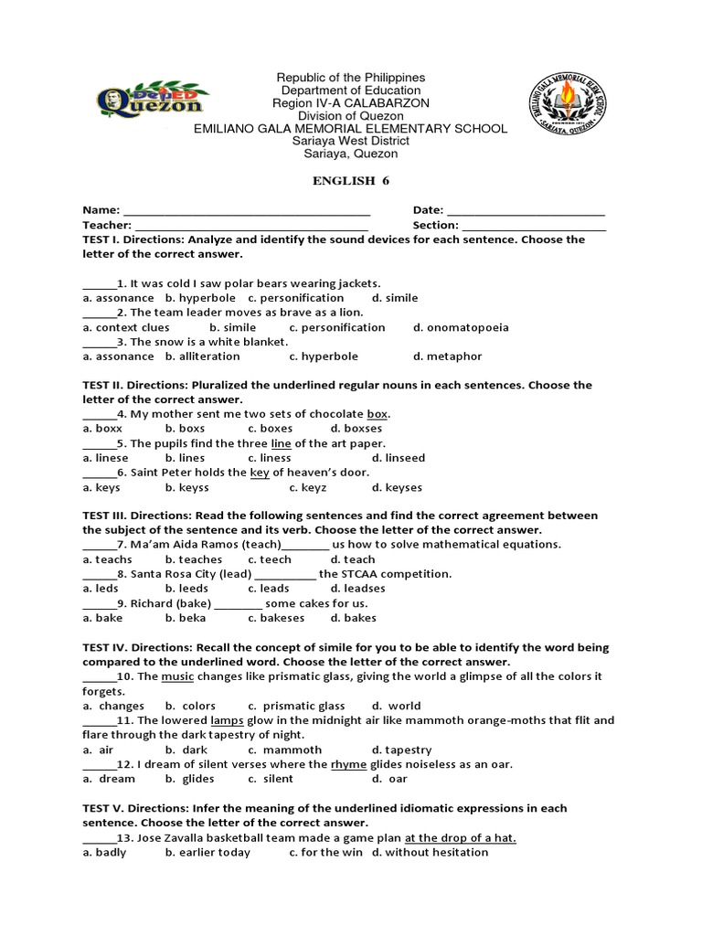 Pre-Test English 6 | PDF | Drinking Water | Grammar