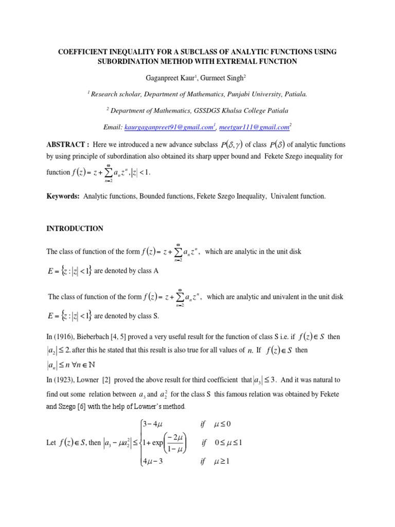 Coefficient Inequality in Analytic Functions | PDF | Analytic Function ...