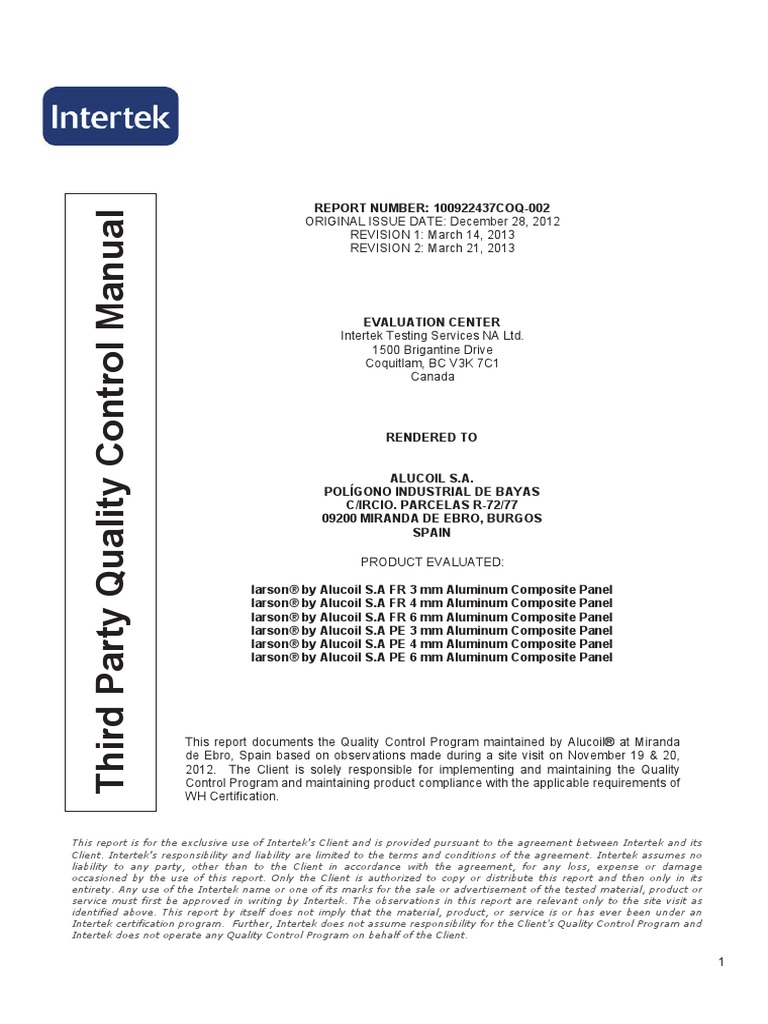 Intertek Larson Alucoil | PDF | Calibration | Specification (Technical ...