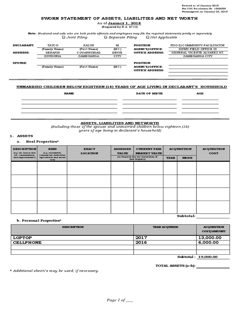 SALN Form Sample for Public Officials | PDF | Net Worth | Identity Document