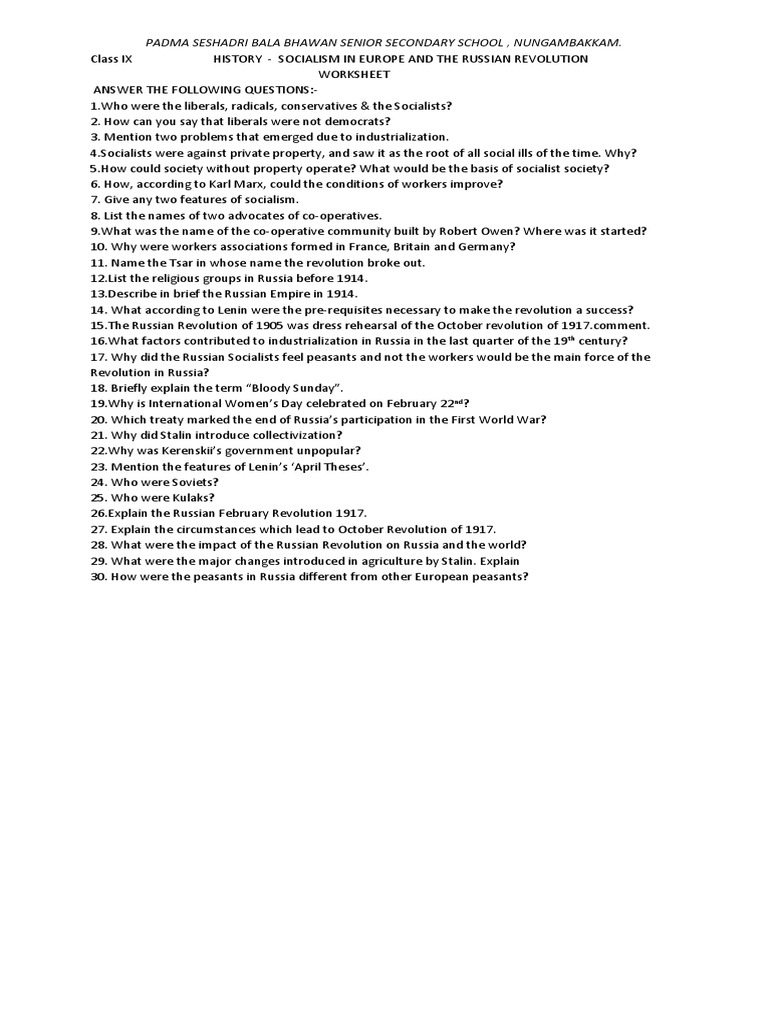 Russian Revolution Class 9 Worksheet | PDF | Politics | History