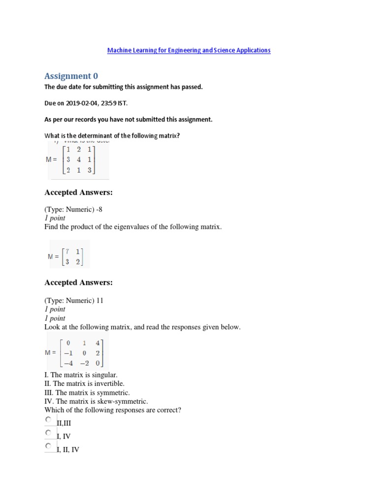 NPTEL Machine Learning Assignment 0 | PDF | Algebra | Linear Algebra