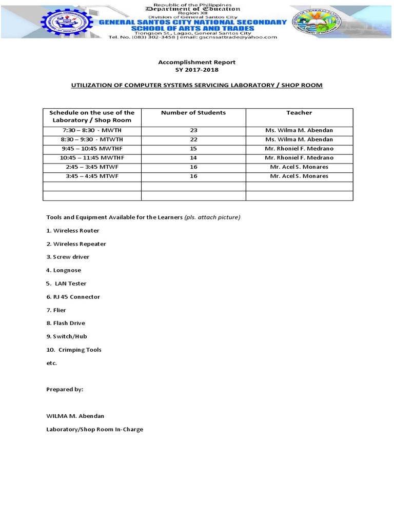Accomplishment Report TVL Lab - In-Charge | PDF | Science & Mathematics