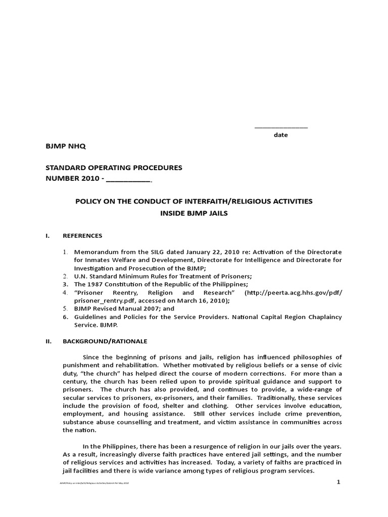 BJMP Policy On The Conduct of Interfaith Activities-Draft | PDF | Prison | Free Exercise Clause
