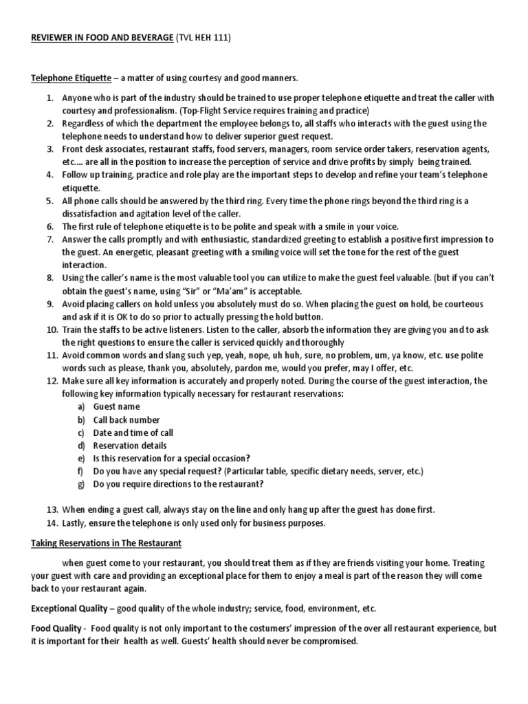 Reviewer in Food and Beverages | PDF | Tableware | Restaurants