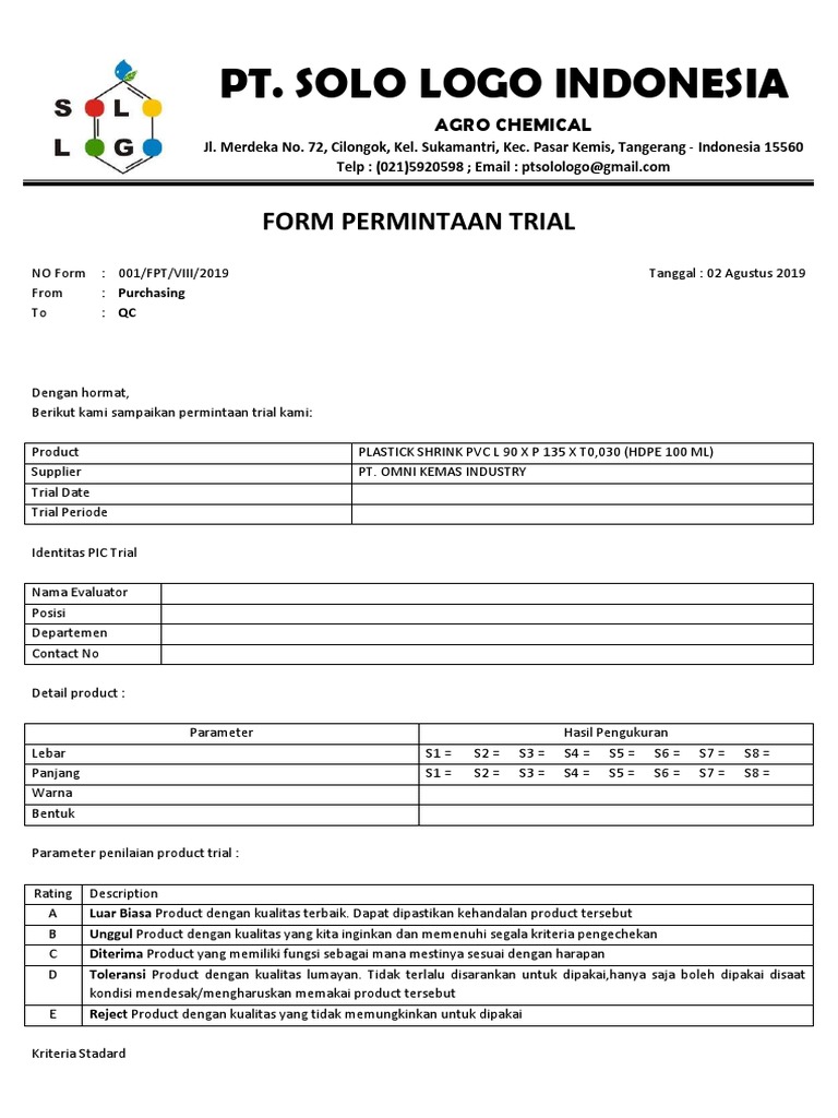 Form Permintaan Trial Produk Omni Kemas | PDF