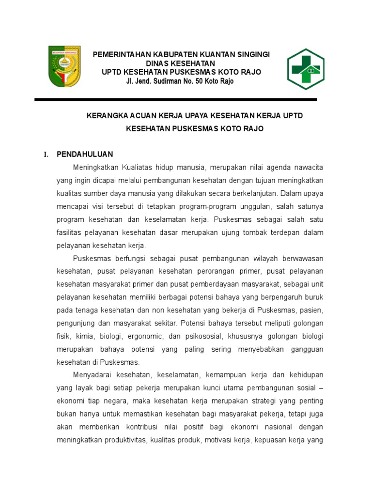 Kerangka Acuan Kerja Upaya Kesehatan Kerja Uptd Kesehatan Puskesmas Koto Rajo | PDF