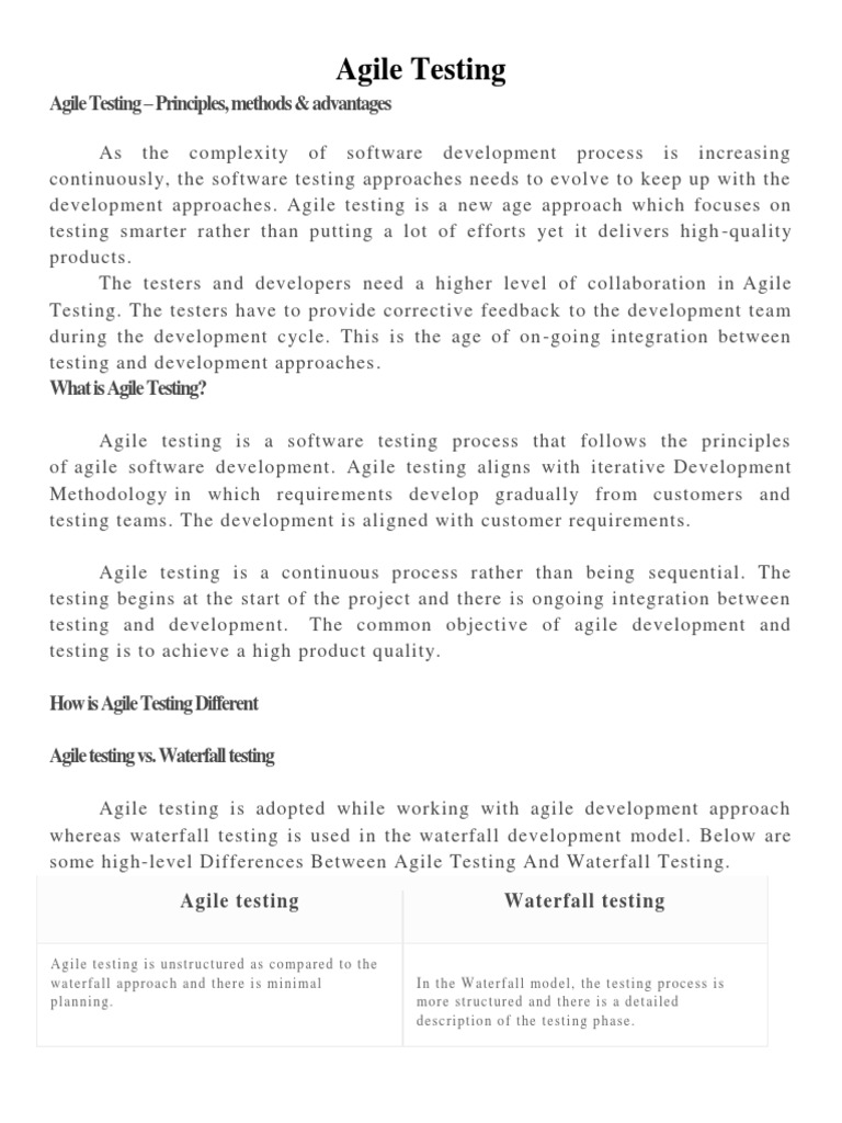 Agile Testing: Principles, Methods & Advantages | PDF | Software ...