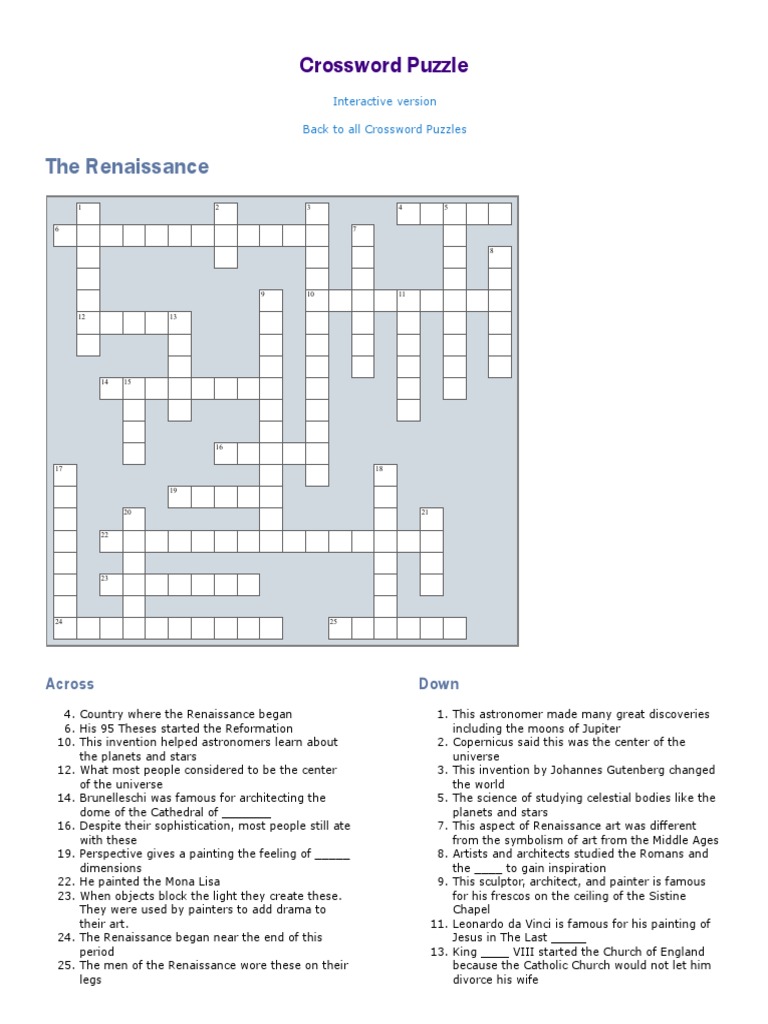 Crossword Puzzle Print Out For Kids | PDF | Renaissance Art | Renaissance