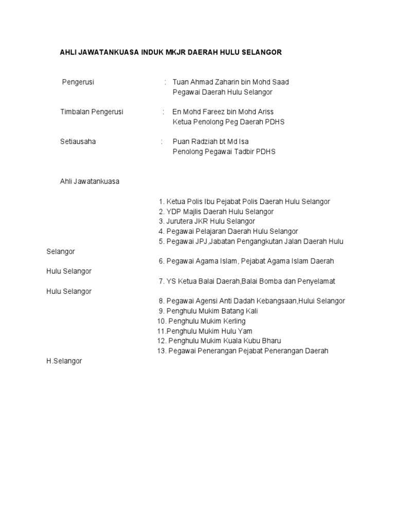 Ahli Jawatankuasa Induk MKJR Daerah Hulu Selangor | PDF