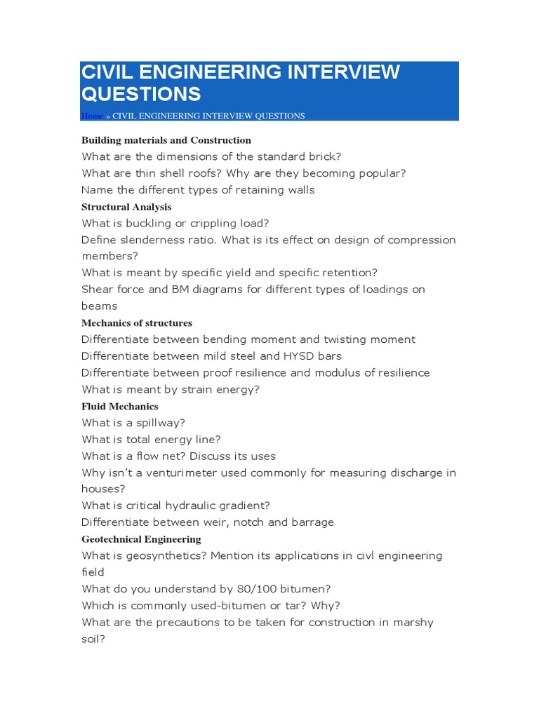 Civil Engineering Interview Questions | PDF | Geotechnical Engineering ...