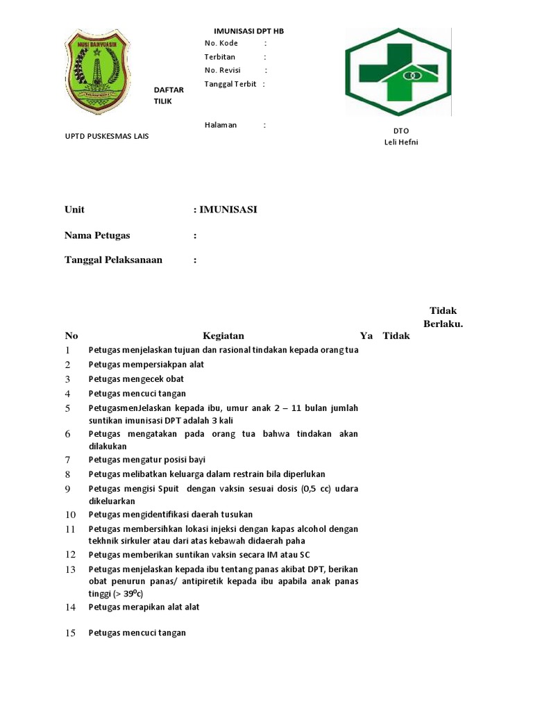 Daftar Tilik Imunisasi DPT HB | PDF