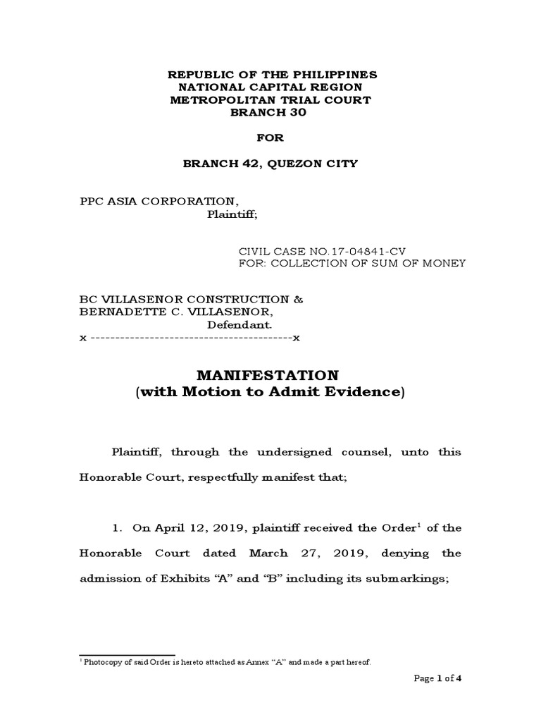 Manifestation - With Motion To Admit Evidence - BC | PDF | Legal ...