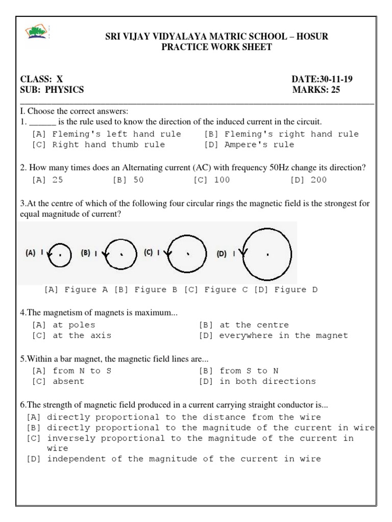 MCQ For Magnetic Effects of Electric Current | PDF | Magnetic Field ...