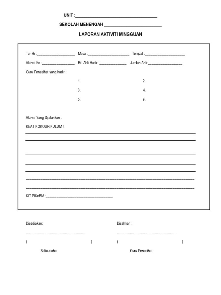 Contoh Borang Laporan Aktiviti Mingguan Kokurikulum | PDF