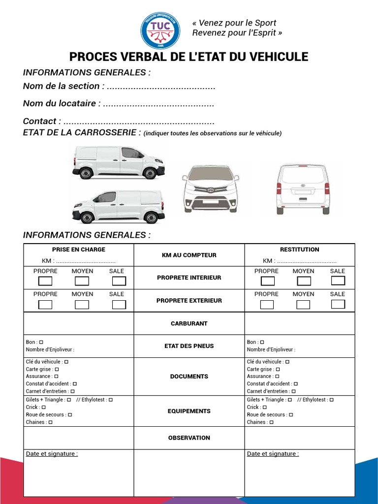 Procès verbal de l'état du véhicule | Véhicules | Transport