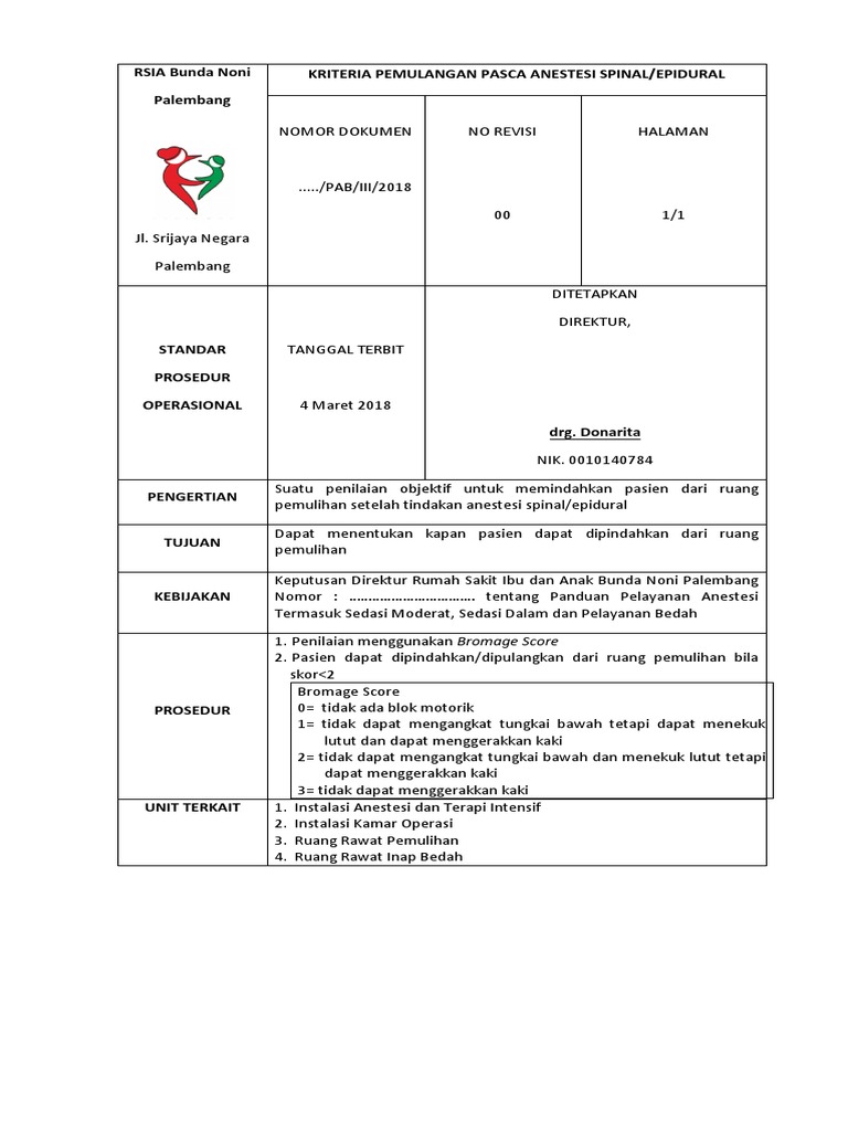 Sop Pemulangan Pasca Anestesi Spinal | PDF