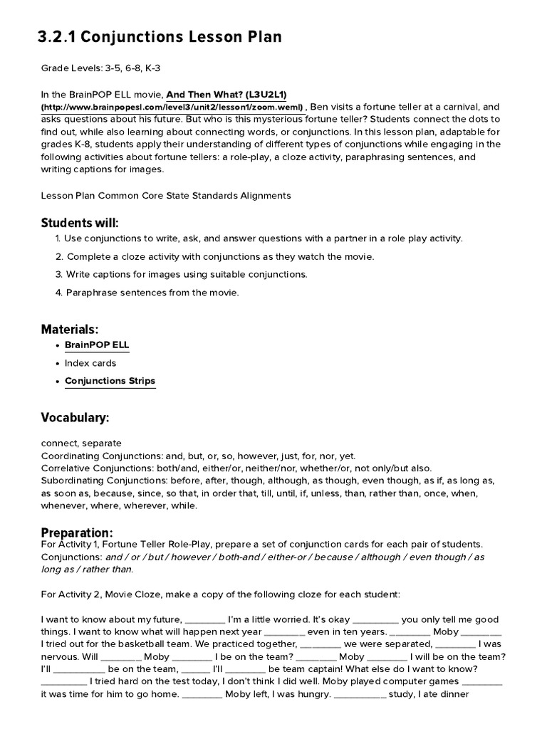 Conjunctions Lesson Plan - BrainPOP Educators | PDF | Lesson Plan ...