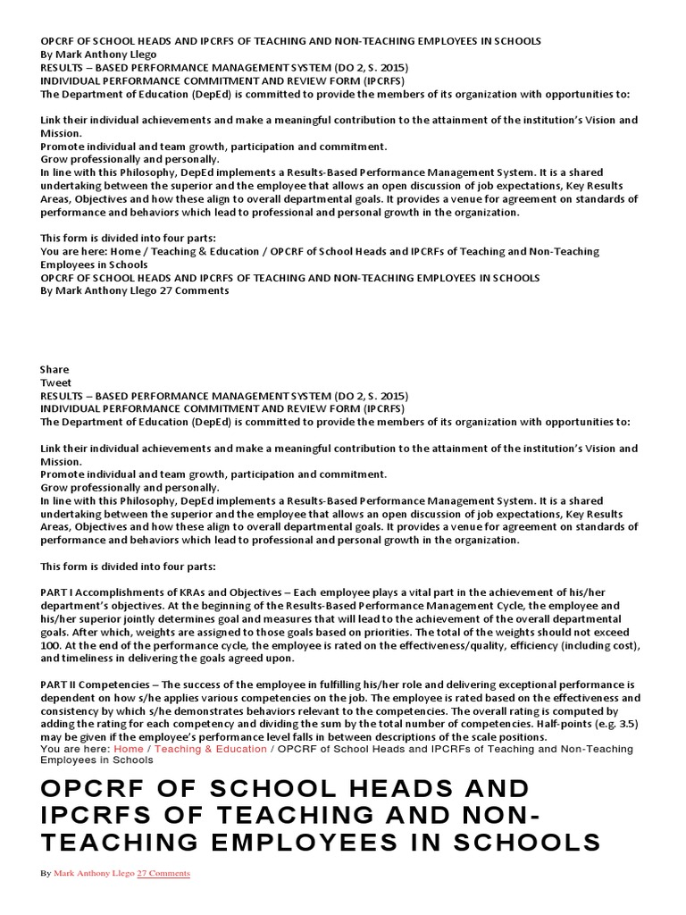 Opcrf of School Heads and Ipcrfs of Teaching and Non | PDF | Goal ...