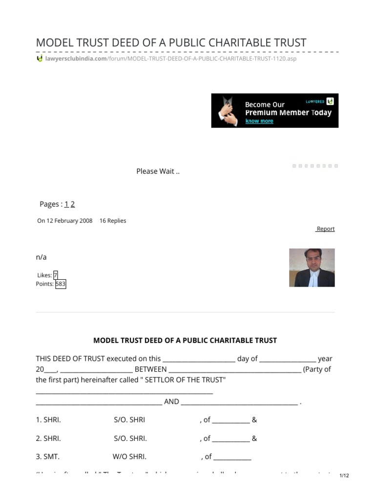 Model Trust Deed of A Public Charitable Trust | PDF | Trust Law | Trustee
