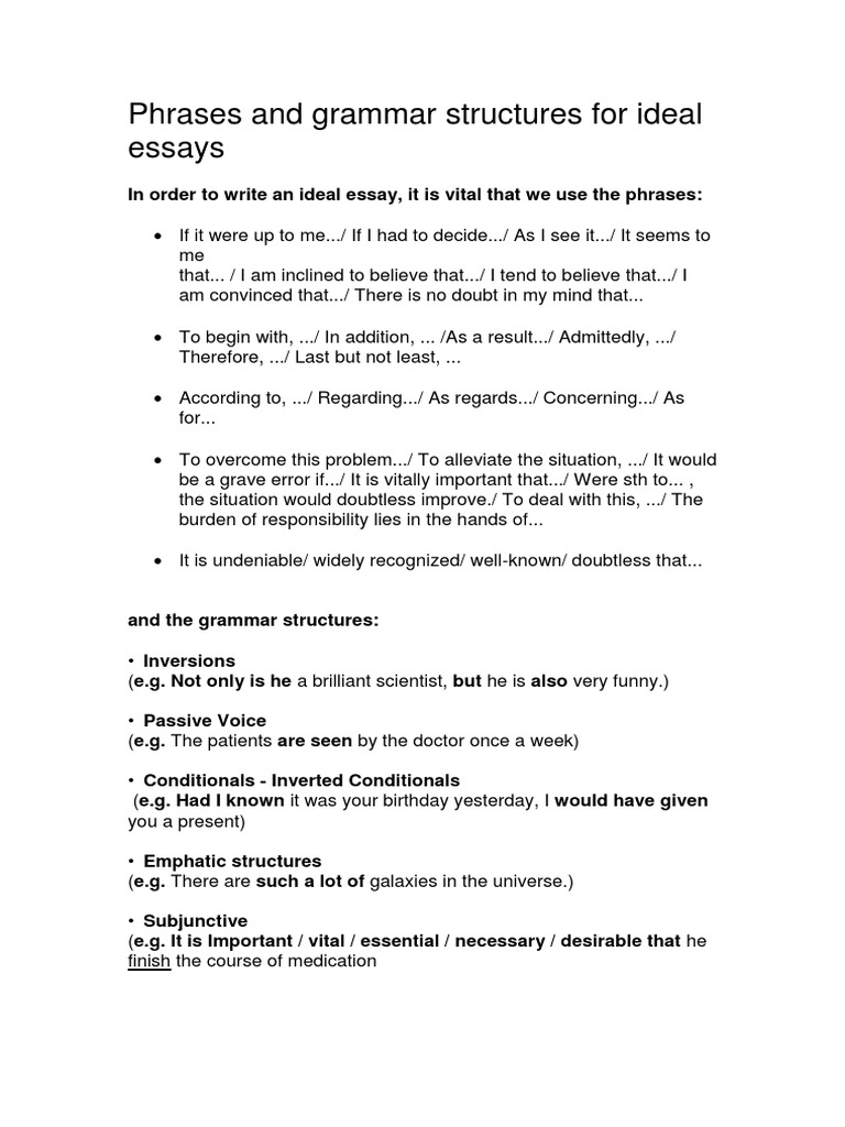 Essay writing phrases and grammar structures | PDF | Essays ...