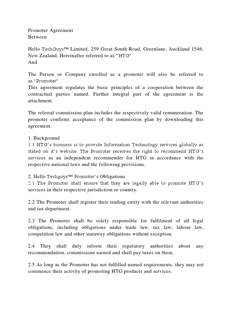 Promoters Agreement | PDF | Breach Of Contract | Contractual Term