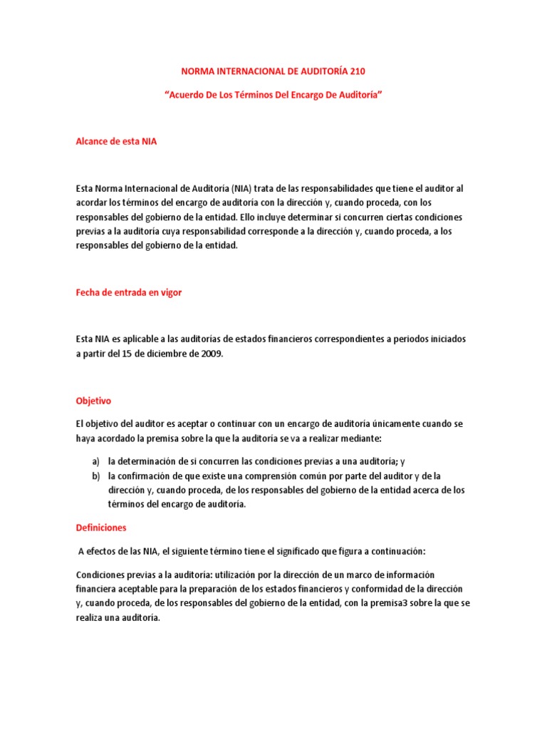 Nia 210 | PDF | Auditoría | Contralor