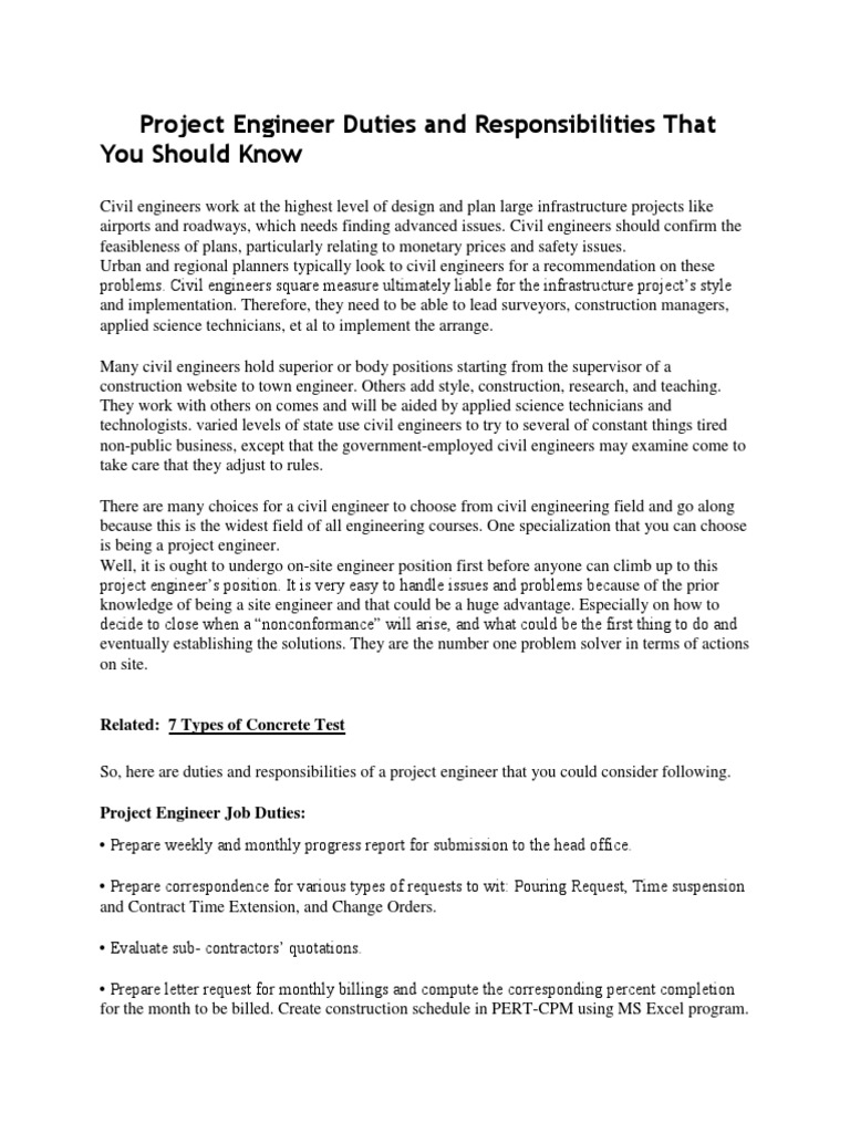 Project Engineer Duties and Responsibilities | PDF | Construction ...