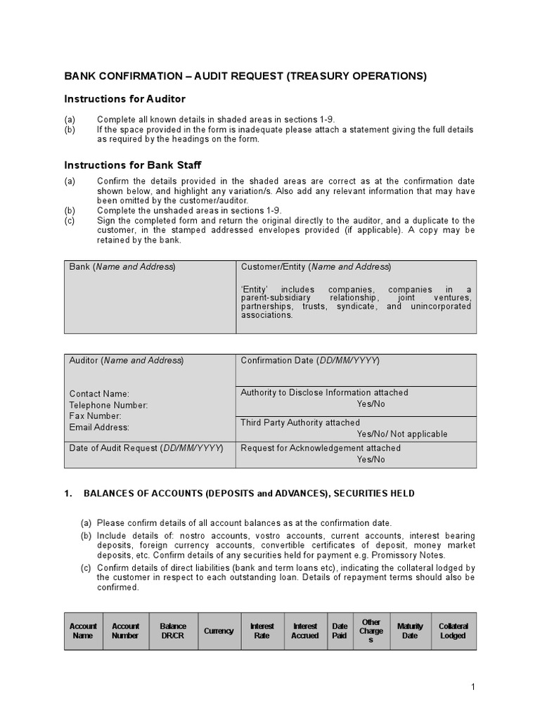 Bank Confirmation Audit Request Treasury Operations Current Version 1.9 ...