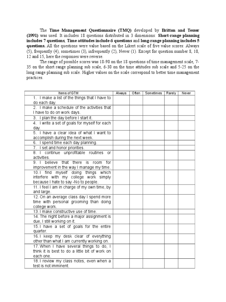 The Time Management Questionnaire | PDF