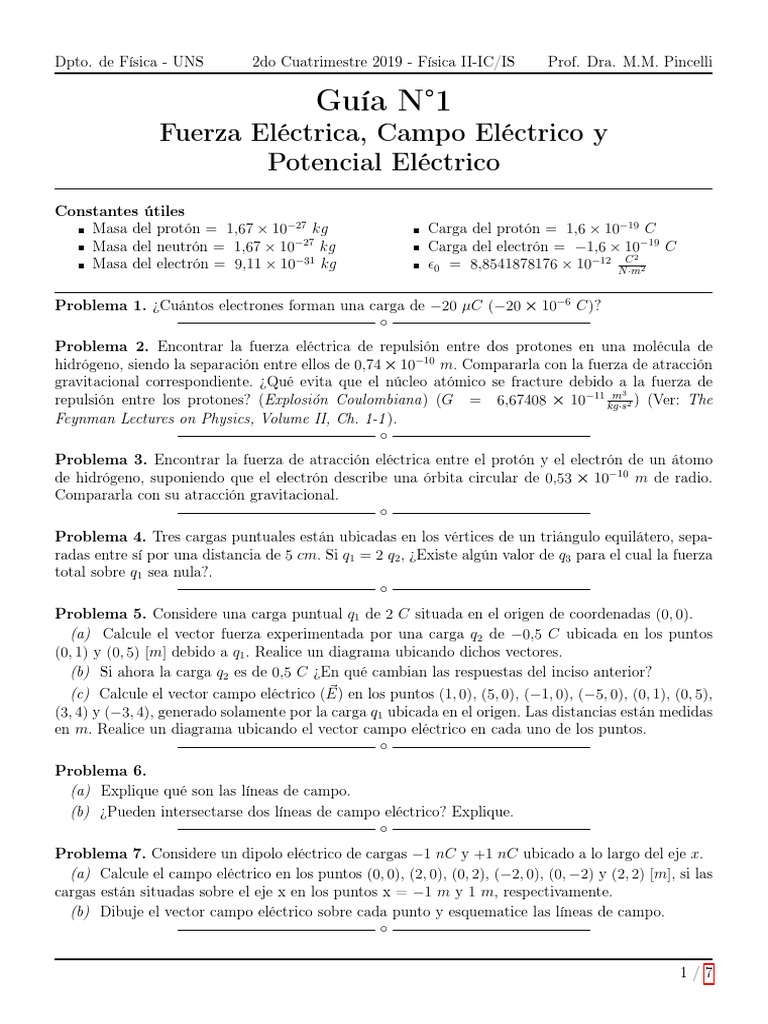 Guia 1 Fuerza Electrica Campo Electrico y Potencial Electrico ...