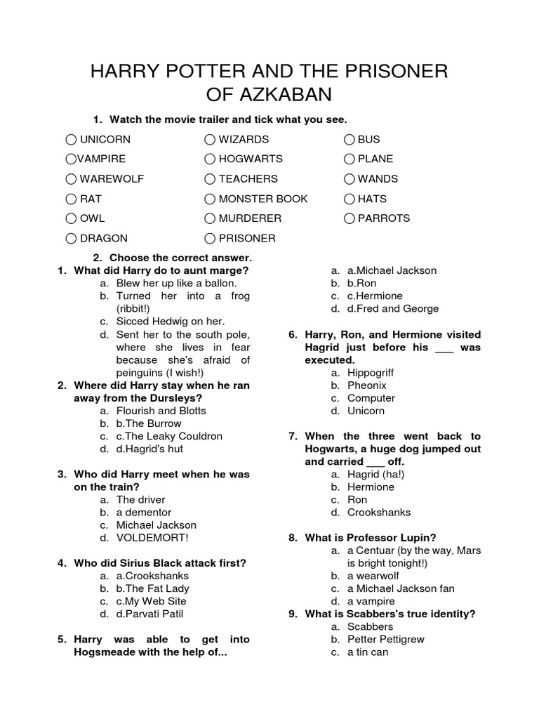 Harry Potter and The Prisoner of Azkaban Handout | Download Free PDF ...