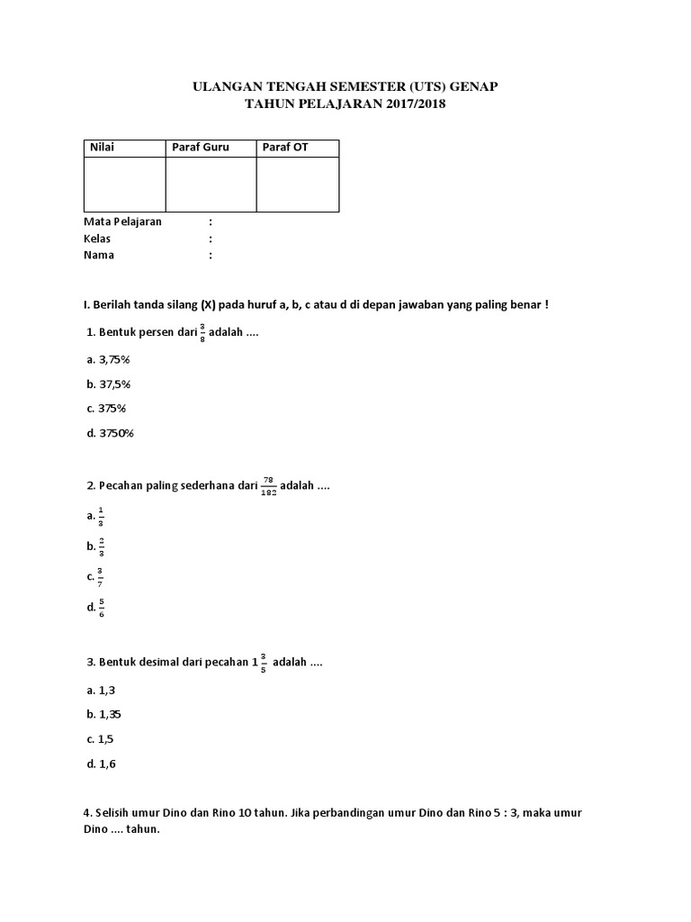 Soal Uts MTK Kelas 6 SD | PDF