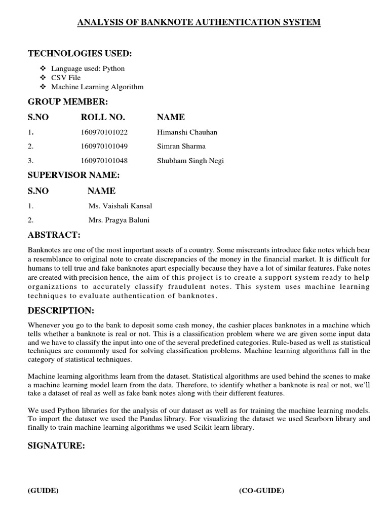Synopsis of Bank Note Authentication System | PDF | Computers | Technology & Engineering