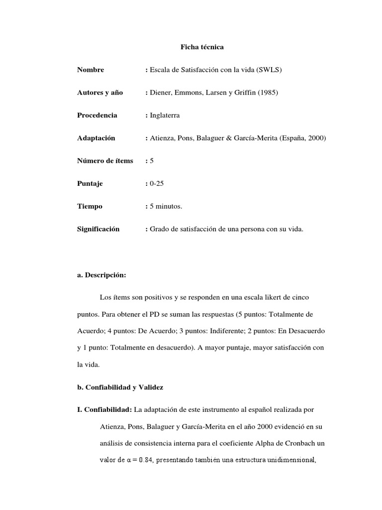 Escala Satisfacción Con La Vida de Diener y Ficha Tecnica | PDF ...