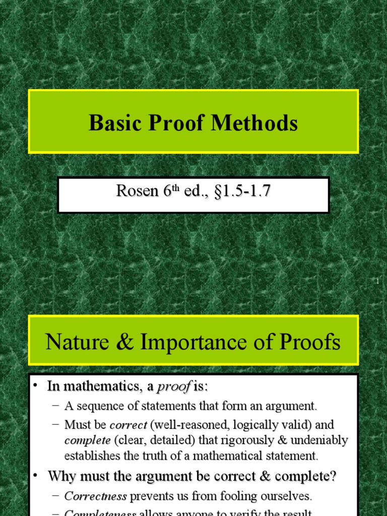 Basic Proof Methods: Rosen 6 Ed., 1.5-1.7 | PDF | Mathematical Proof ...